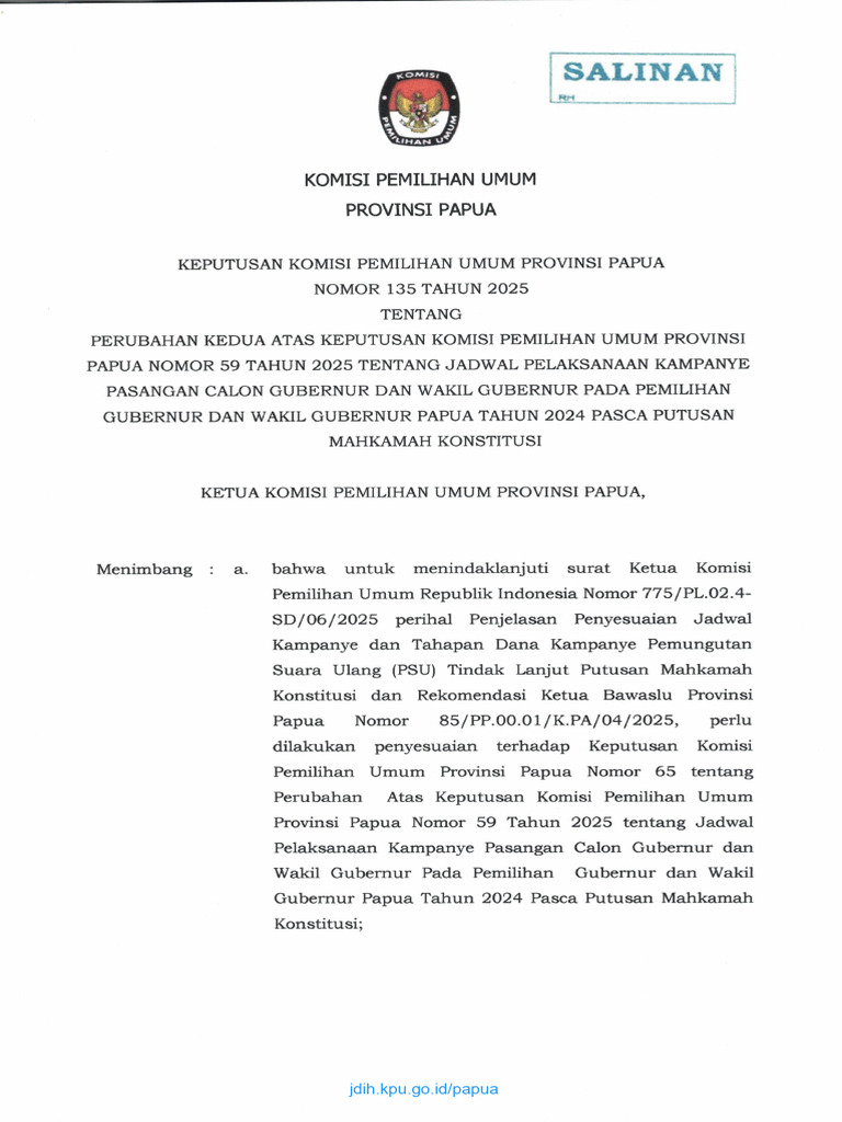 Kpts Kpu Papua No 135 Tahun 2025 | PDF