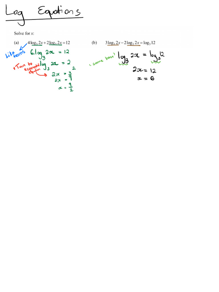 Logarithmic Equations and Solutions | PDF