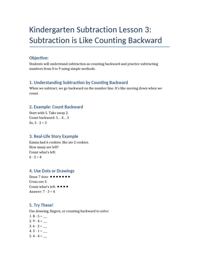 Kindergarten Subtraction Lesson 3 | PDF