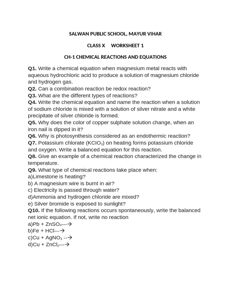 Class 10 Chemistry Worksheet | PDF
