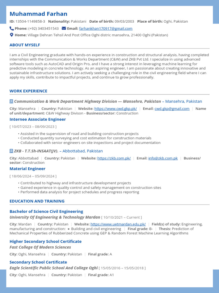 Civil Engineer-Muhammad Farhan | PDF | Engineering