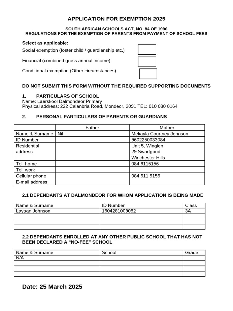 Revised Application For Exemption 2025 | PDF | Parent