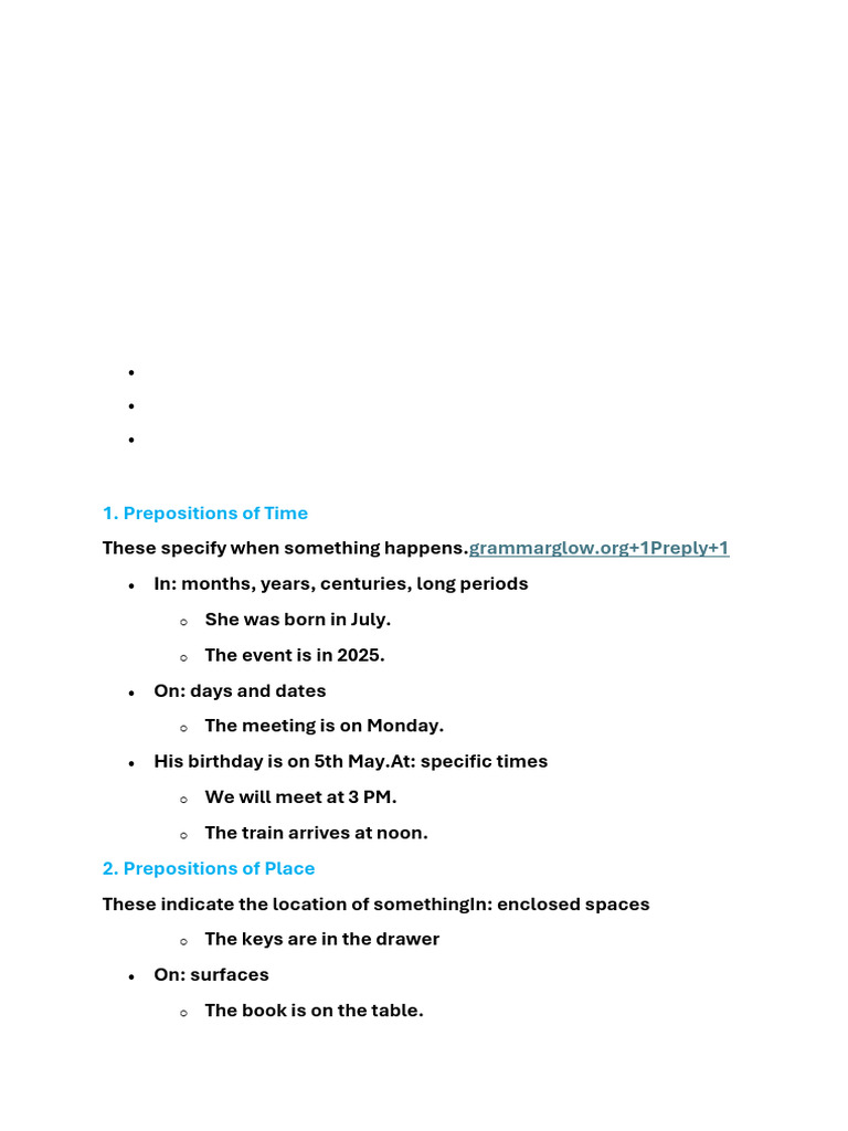 Understanding Prepositions: Types & Uses | PDF