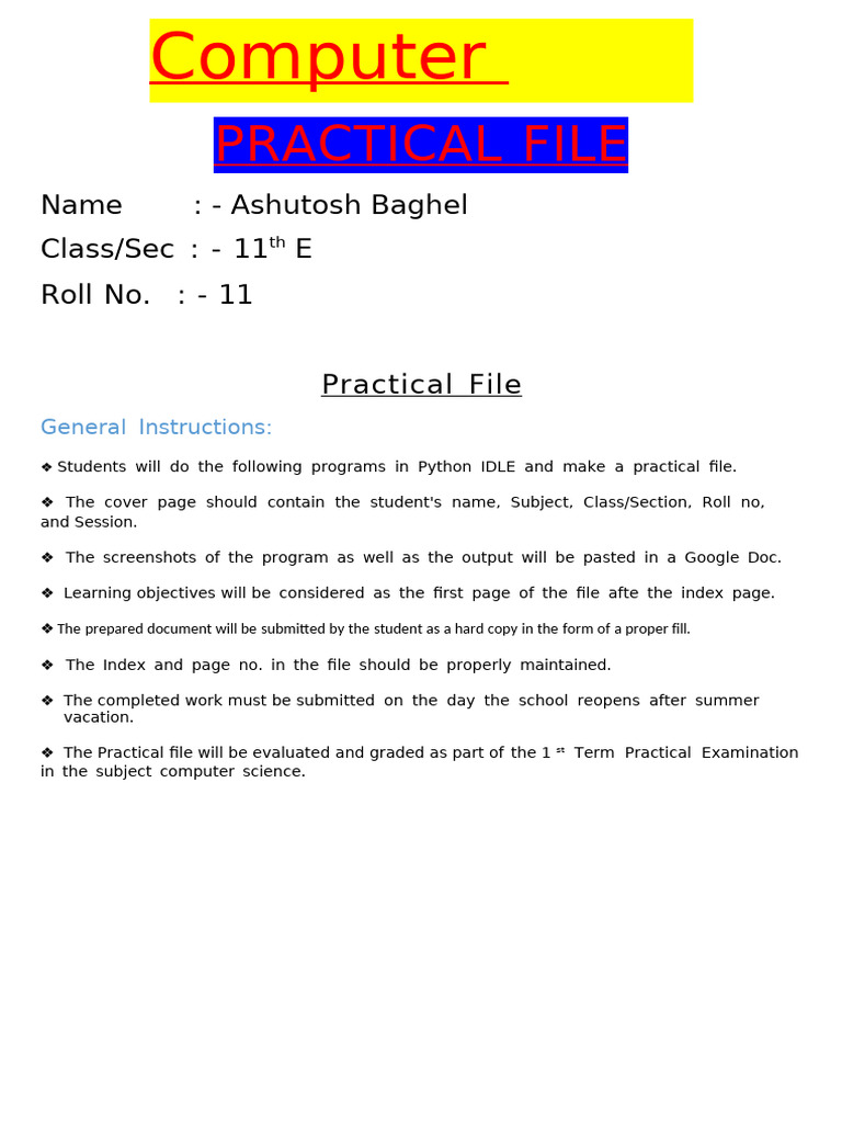 Class XIth Term 1 Comp - Sci Practical File | PDF | Software Engineering | Computing