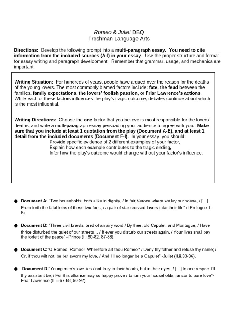 Assignment Prompt - Romeo & Juliet Who - S To Blame | PDF | Characters ...