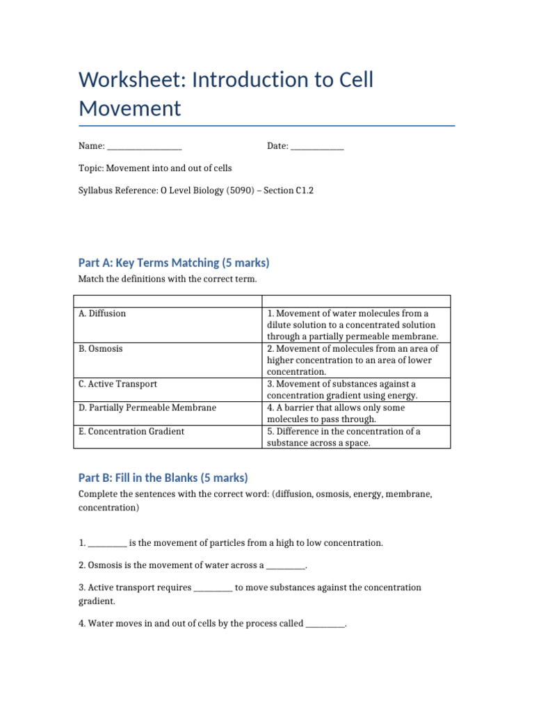 Cell Movement Worksheet OLevel | PDF