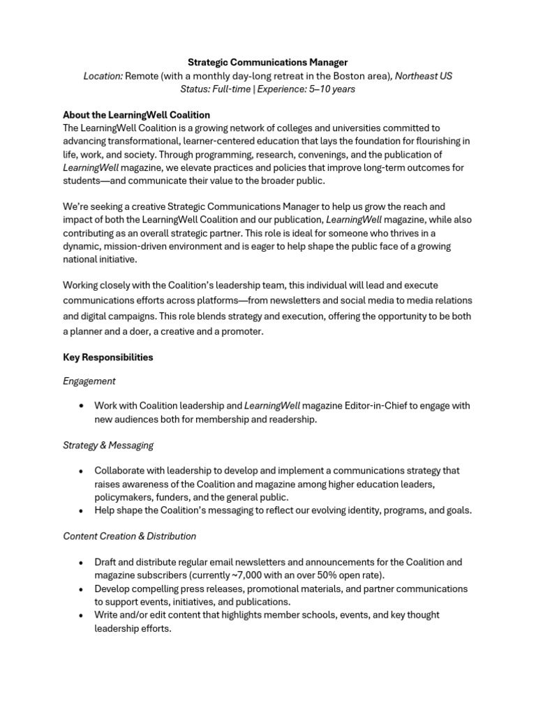 Strategic Communications Manager Job Description | PDF | Leadership ...