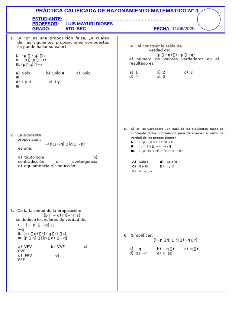 Practica Calificada 3 - Tema Logica Proposicional - RM - 5to Sec | PDF | Proposición | Verdad