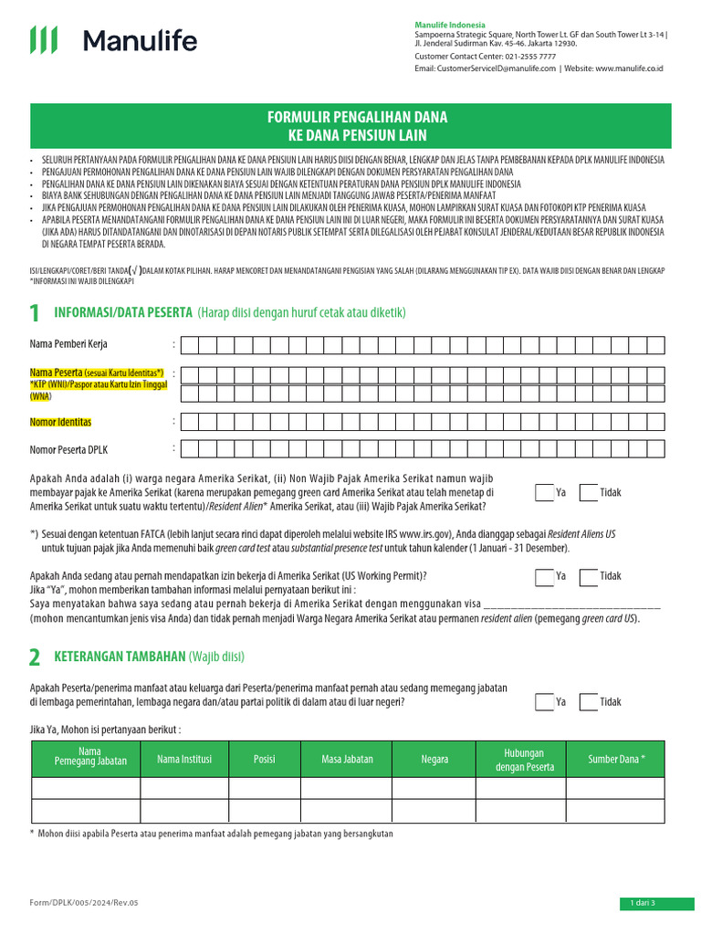 Formulir Pengalihan Dana Ke Dana Pensiun Lain | PDF