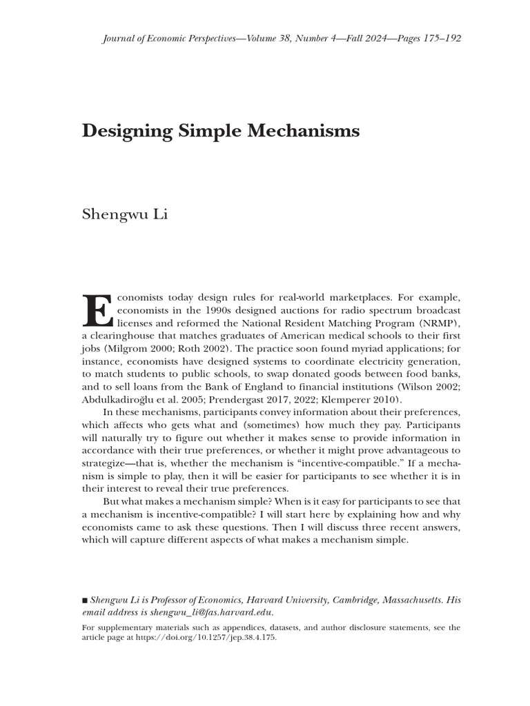 Li 2024 Designing Simple Mechanisms | PDF | Auction | Auction Theory