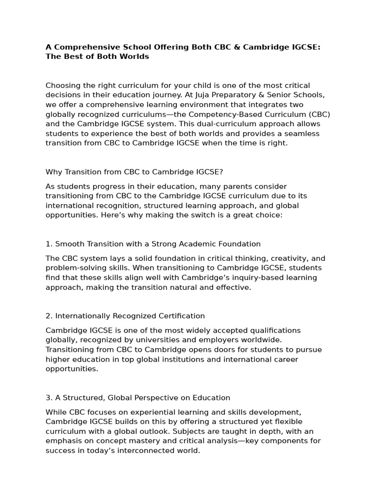 Juja Preparatory: CBC & IGCSE Pathways | PDF | Learning | Curriculum