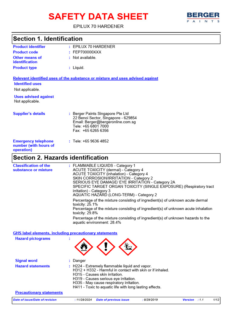 Berger Epilux 70 Hardener 2024 | PDF | Toxicity | Safety