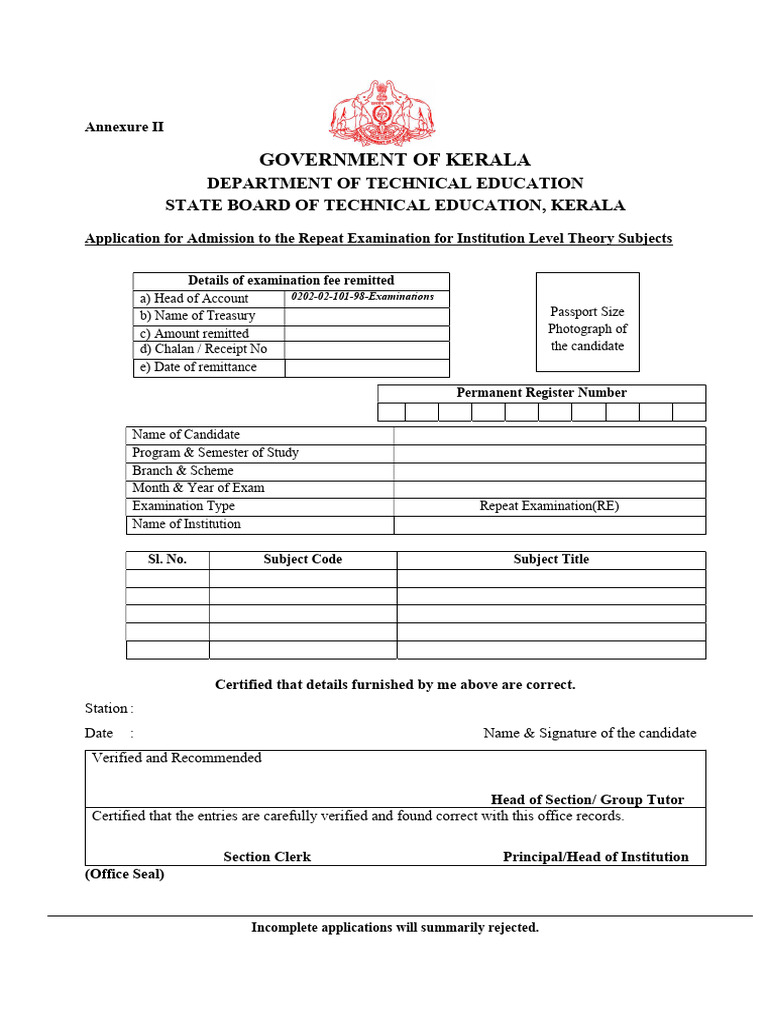 Kerala Repeat Exam Admission Form | PDF