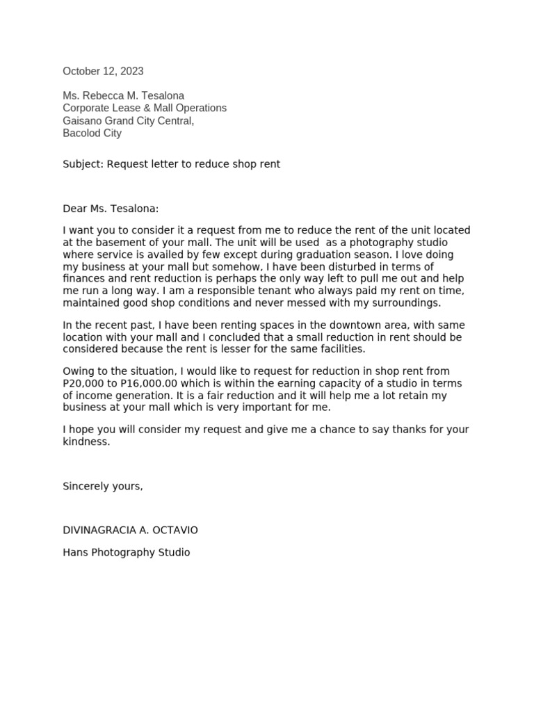 Letter To Reduce Rent | PDF