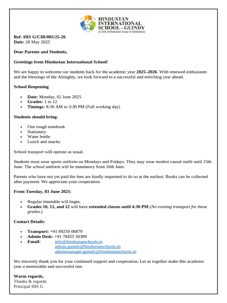 School Reopening 2025-2026 Circular | PDF