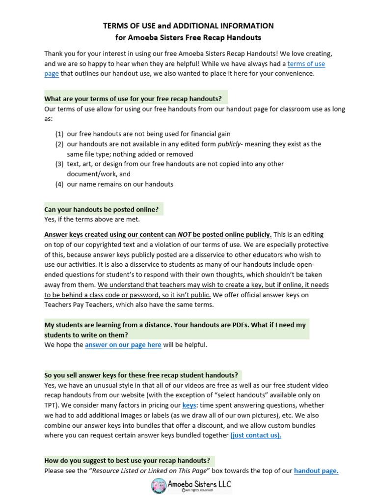 TERMS OF USE and ADDITIONAL INFORMATION For Amoeba Sisters Recap ...