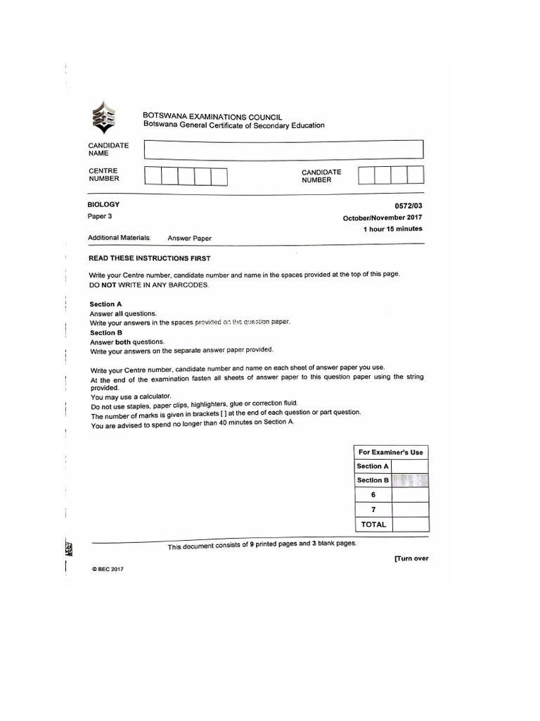 Bgcse Biology 2017 Paper 3 | PDF