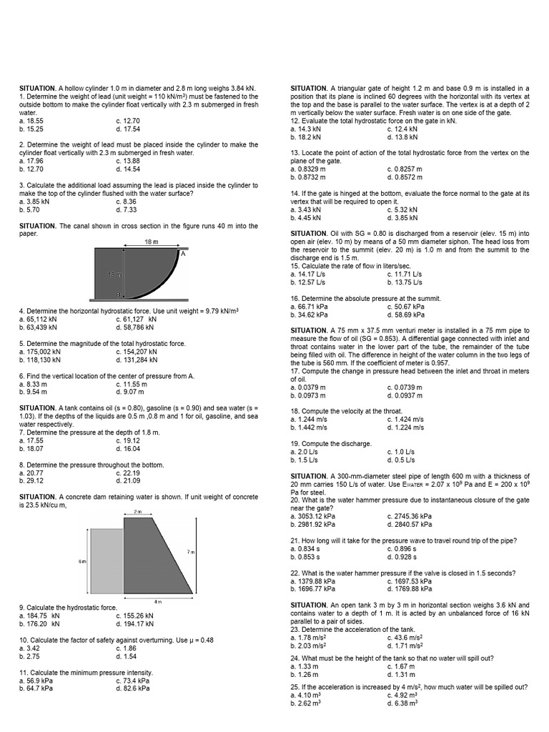 Hydraulics Practice Problems | PDF | Pressure | Gas Technologies