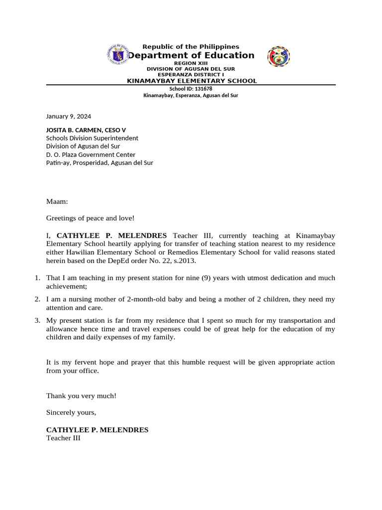 Teacher Transfer Request - Kinamaybay School | PDF