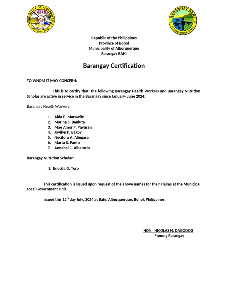 BHW Brgy Certification For Lgu | PDF