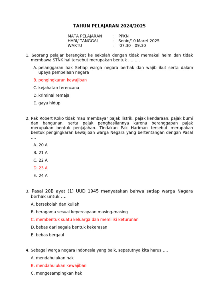 Soal Us Ppkn - 2025 | PDF