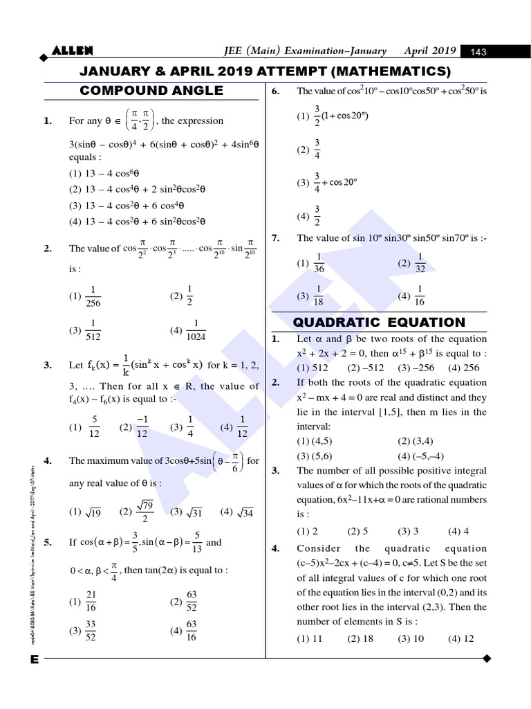 Quadratic Equation PYQ 2019-2024 | PDF | Equations | Arithmetic