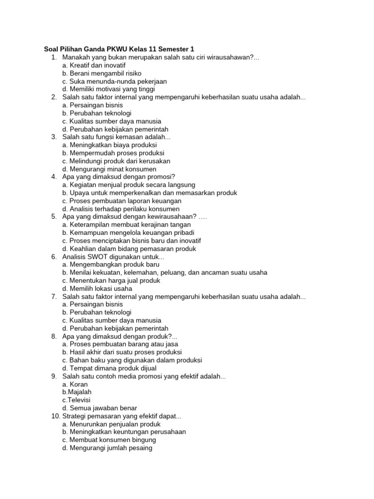 Soal PTS Mapel Pkwu KLS 11 Sem 1 | PDF