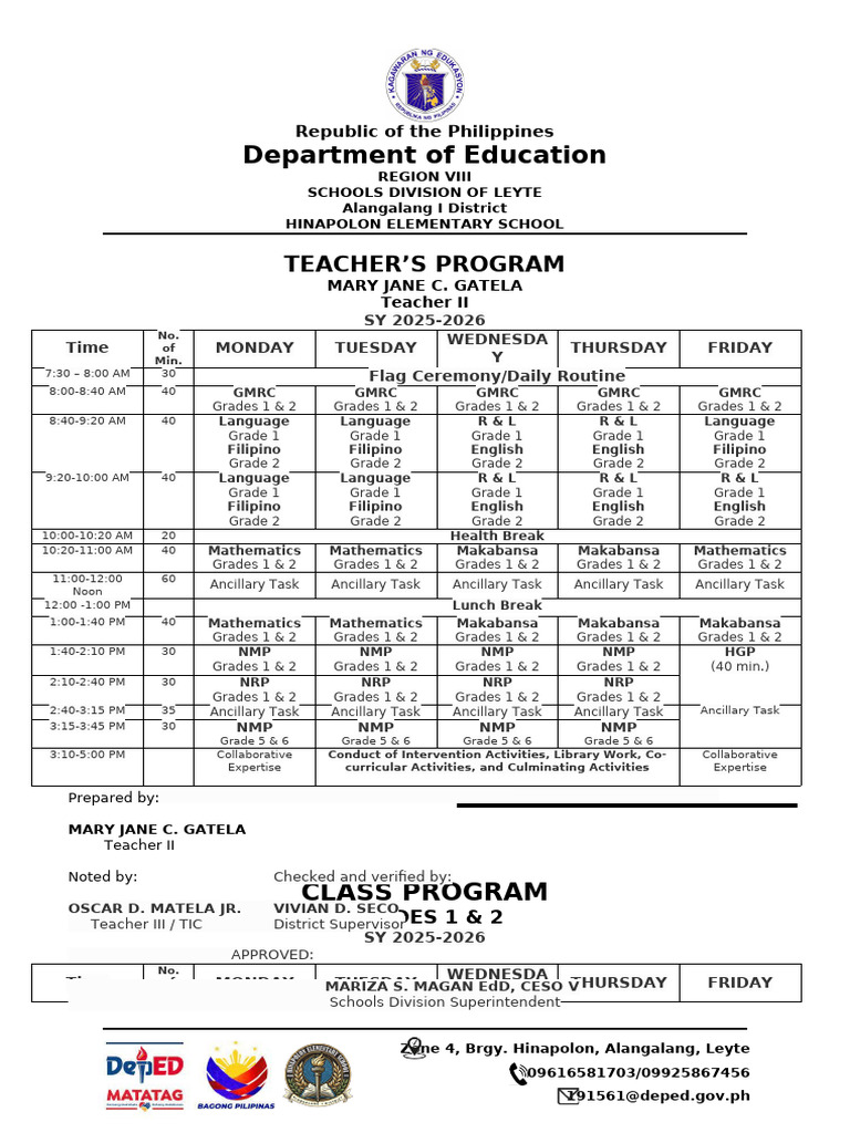 Suggested Teacher and Class Programs For MG Grades 1 & 2 | PDF