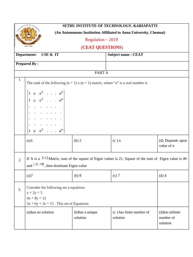 CEAT Question Maths - CSE & IT | PDF | Eigenvalues And Eigenvectors | Mathematical Objects
