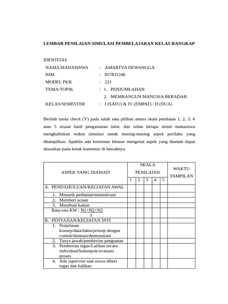 Lembar Penilaian Simulasi Pembelajaran Kelas Rangkap-1 | PDF