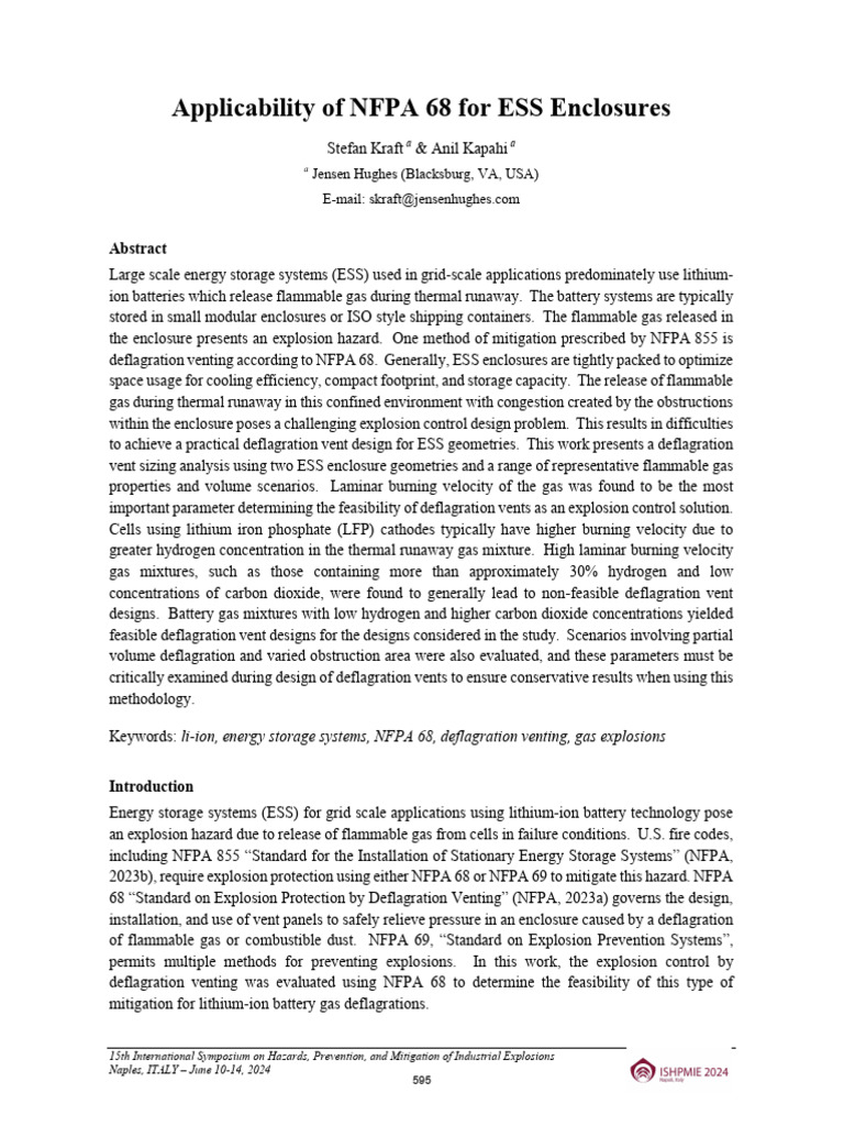 2024 Kraft NFPA68 Deflagration Vent Sizing ESS | PDF | Lithium Ion ...