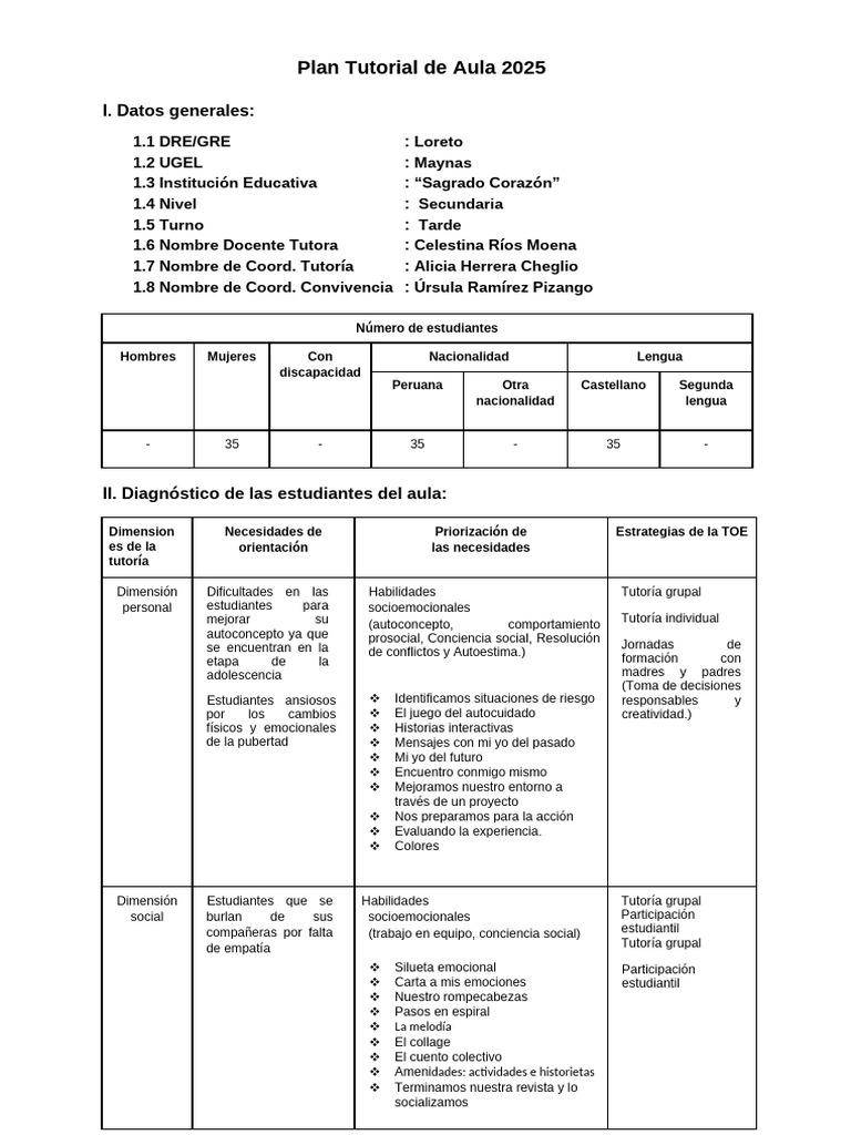 PLAN TUTORIAL DE AULA 1RO G CELESTINA RIOS Original | PDF | Las emociones | Salón de clases