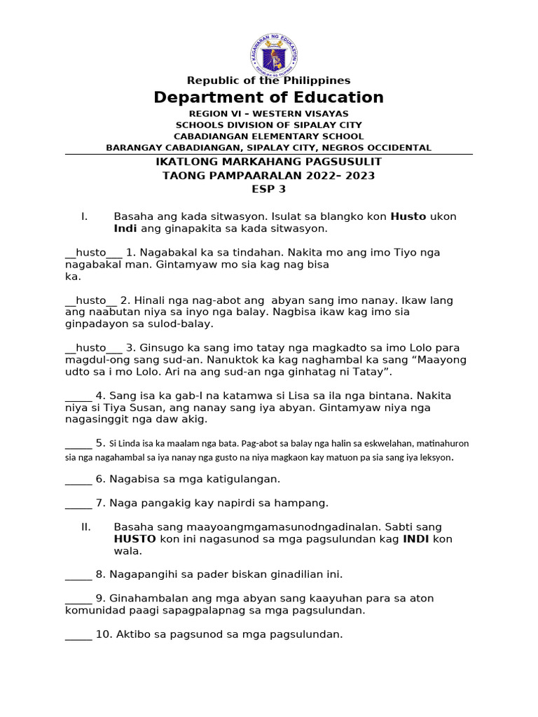 ESP 3rd Quarter Exam | PDF