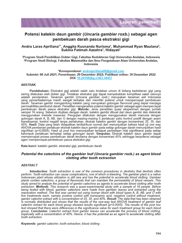 Potensi Katekin Daun Gambir Uncaria Gambier Roxb S | PDF