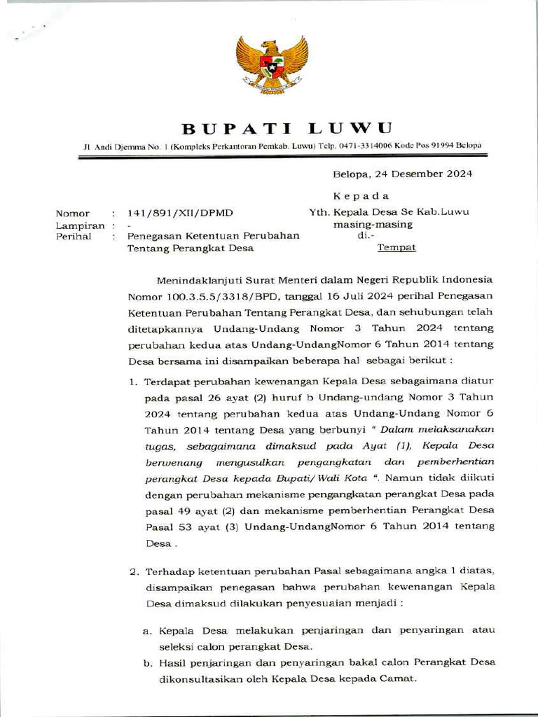 Penegasan Ketentuan Perubahan Tentang Perangkat Desa | PDF