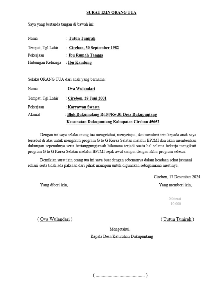Surat Izin Orang Tua untuk Program G to G | PDF