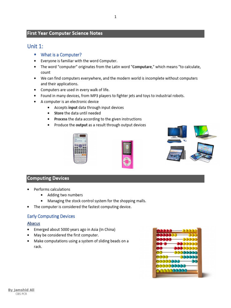 First Year Computer Science Notes Unit 1 | PDF | Computer Hardware ...