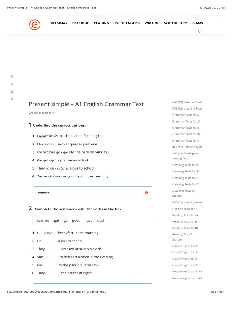 Present Simple - A1 English Grammar Test - English Practice Test | PDF ...