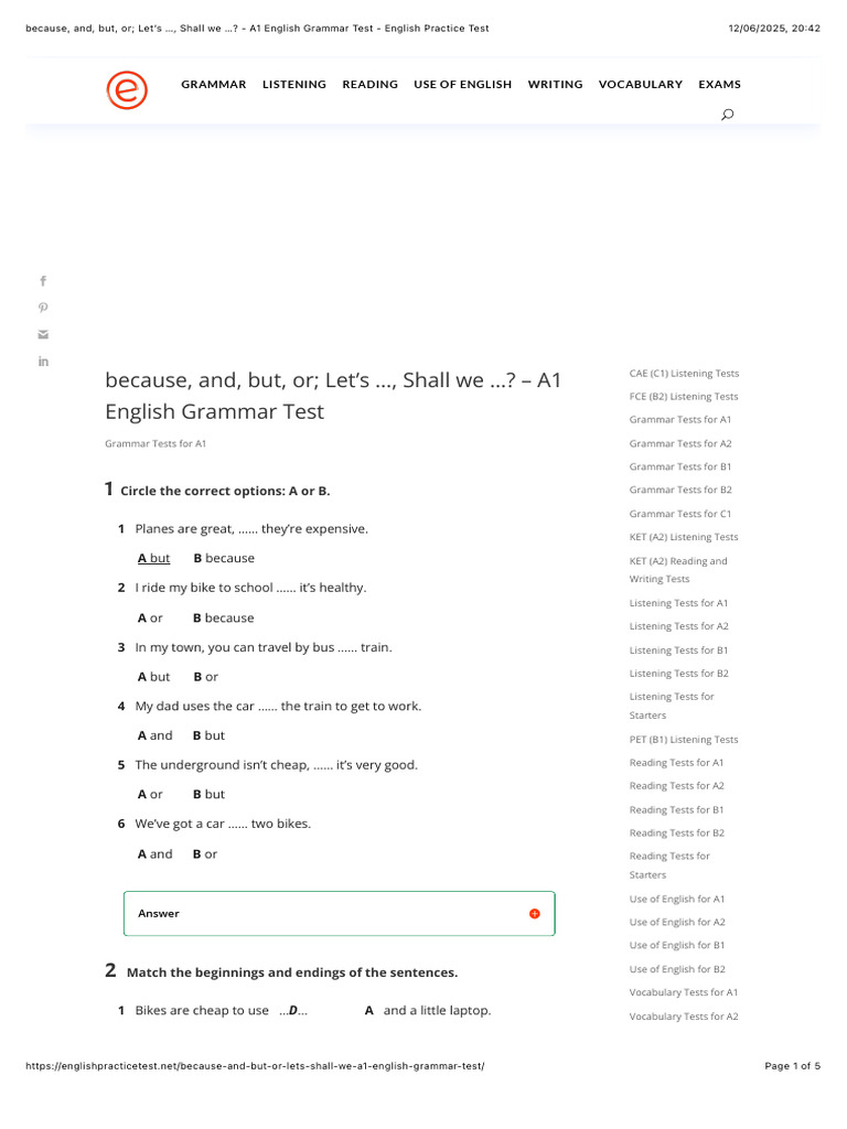 Because, And, But, Or; Let’s …, Shall We …? - A1 English Grammar Test ...