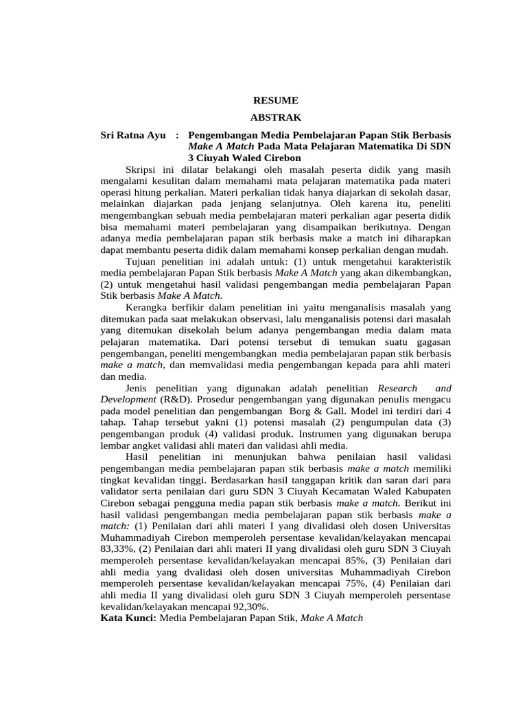 Resume Abstrak Sri Ratna Ayu: Pengembangan Media Pembelajaran Papan Stik Berbasis Pada Mata ...