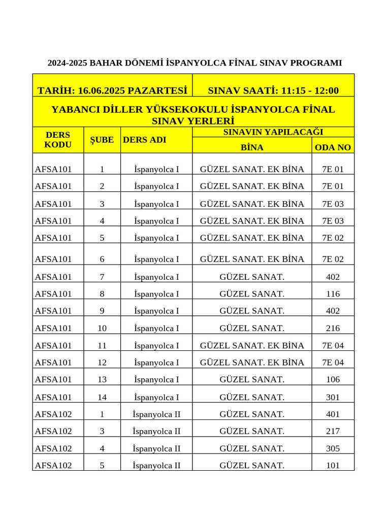 2024-2025 Bahar Donemi Ispanyolca Final Sinavi Programi | PDF