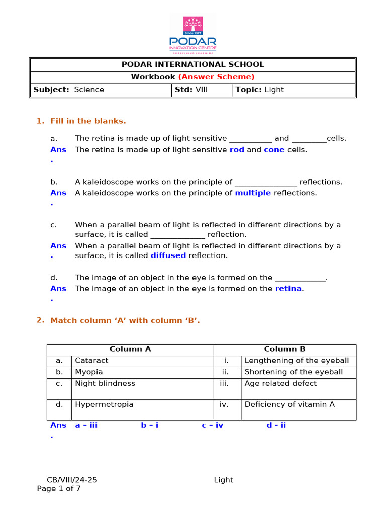 1741161379494.AS WB CB VIII Sci Light | PDF | Reflection (Physics) | Mirror