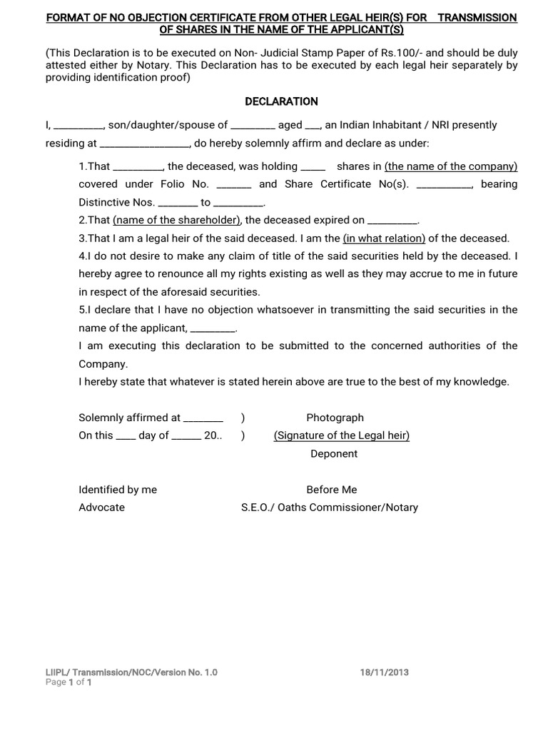 No Objection Certificate Format for Share Transmission | PDF