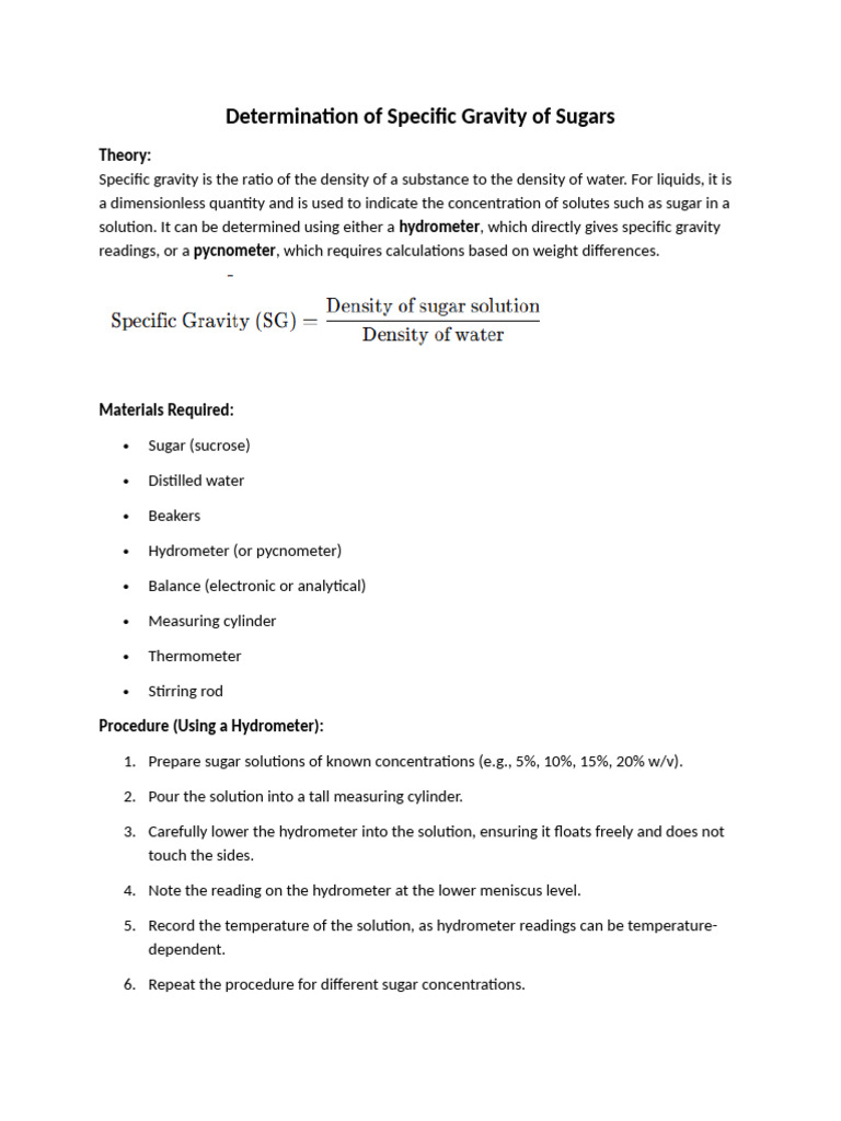 Specific Gravity of Sugar Solutions | PDF