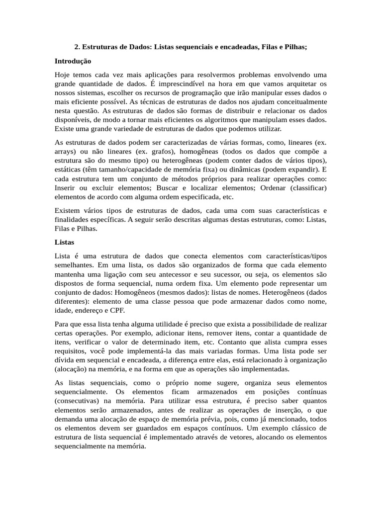 Estruturas de Dados - Listas Sequenciais e Encadeadas, Filas e Pilhas | PDF | Estrutura de dados ...