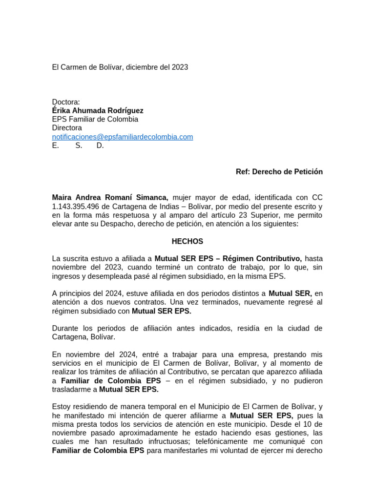 Maira - Petición EPS Familiar de Colombia | PDF