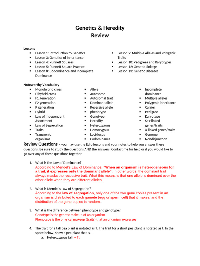 Genetics and Heredity Study Guide | PDF | Dominance (Genetics) | Zygosity