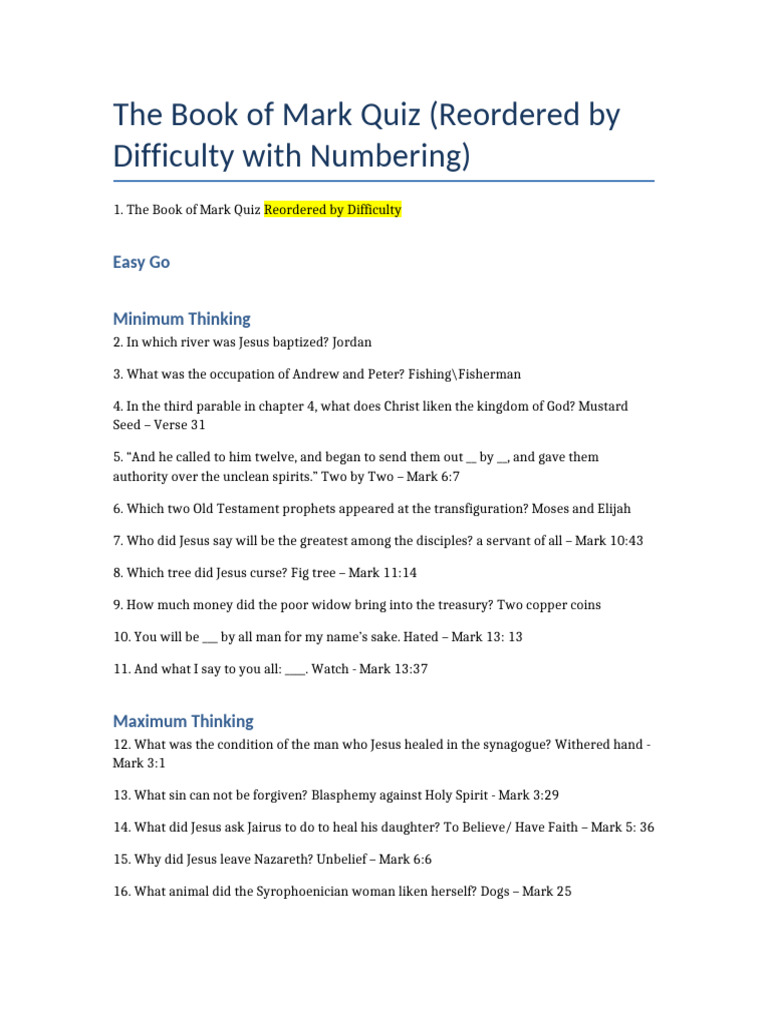 Book of Mark Quiz: Difficulty Ordered | PDF | Jesus | Gospel Of Mark
