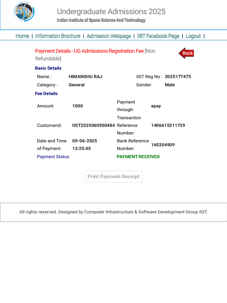 IIST UG Admission Payment Confirmation | PDF