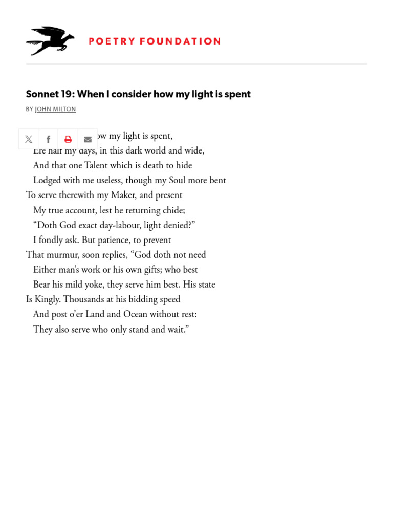 Sonnet 19 - When I Consider How My Light Is - The Poetry Foundation | PDF